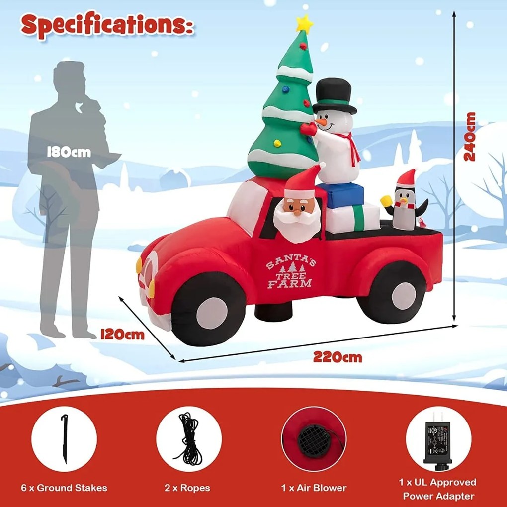 Costway 220 cm Dlouhý nafukovací vánoční náklaďák s vánoční ozdobou Santa Claus
