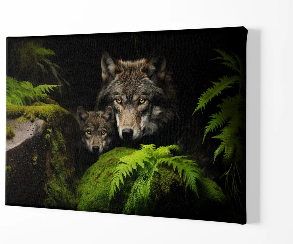 Obraz na plátně - Vlk s mládětem se skrývá mezi kameny FeelHappy.cz Velikost obrazu: 90 x 60 cm