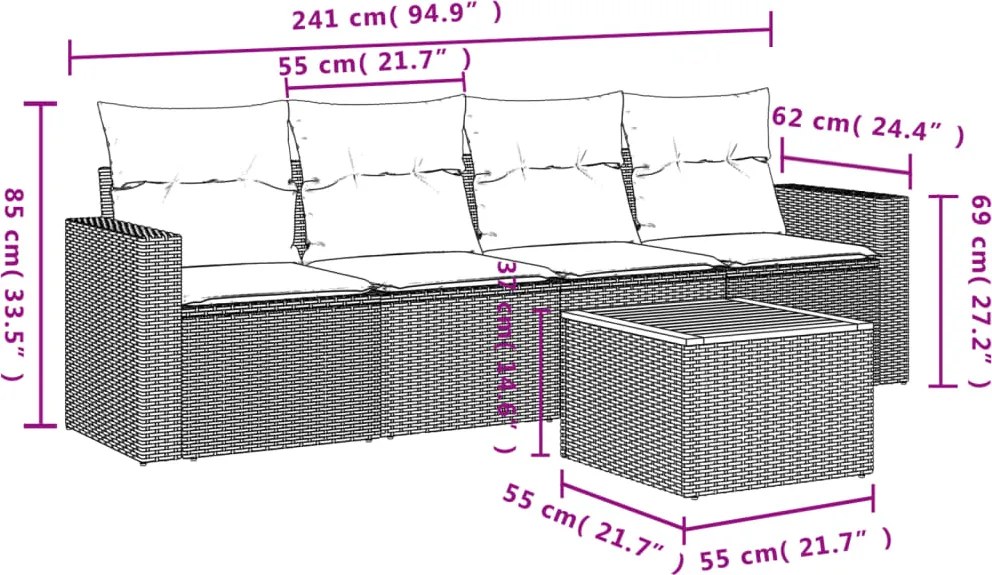 5dílná zahradní sedací souprava s poduškami černá polyratan 3223997