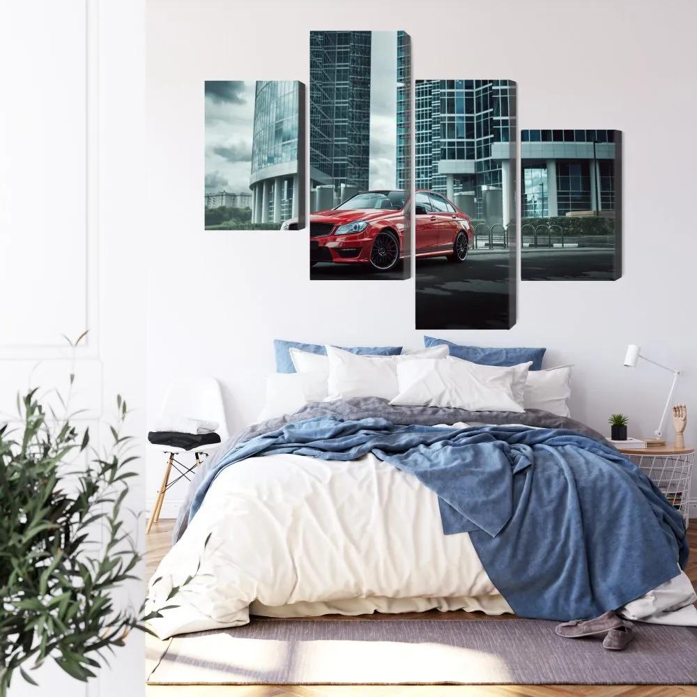 Vícedílný obraz Červené Auto Na Pozadí Moderních Mrakodrapů Nedostatek Nedostatek Plátno Canvas 160x100