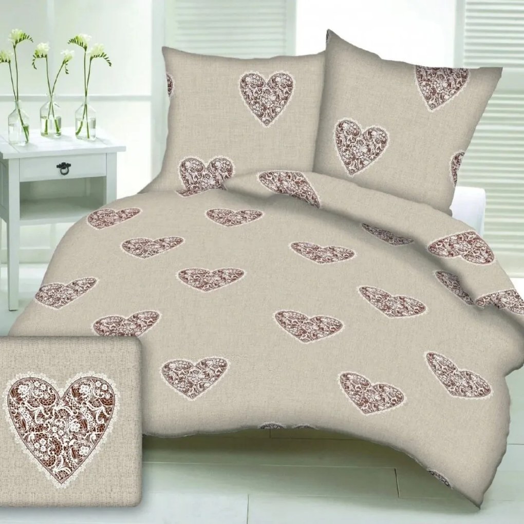 Povlečení bavlněné Love hnědé 200x140cm+90x70cm TiaHome