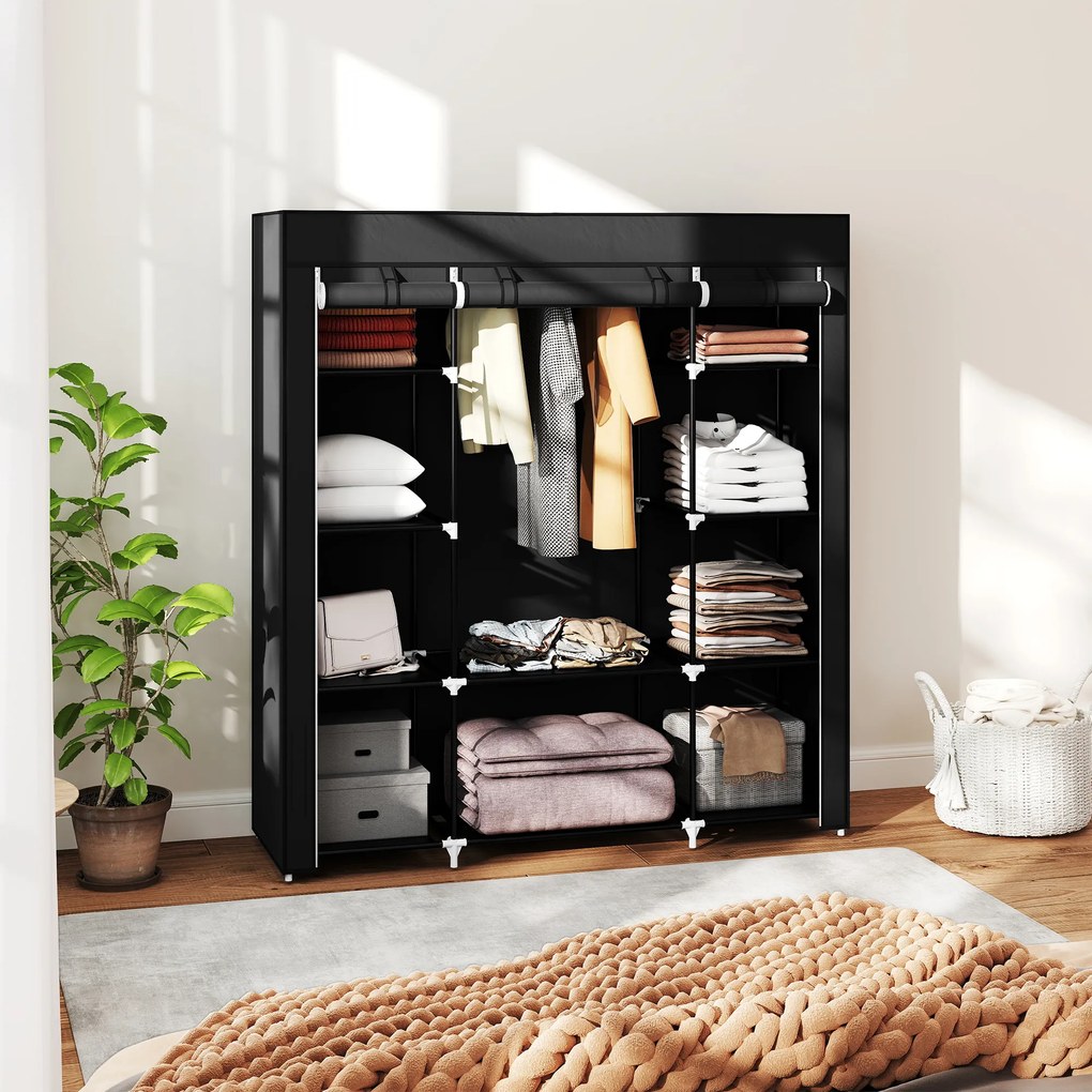 HOMCOM Látková šatní skříň na zip, 1 tyč na šaty, 10 polic, 150x43x162,5cm, netkaná textilie, prostorově úsporná a robustní | Aosom.de