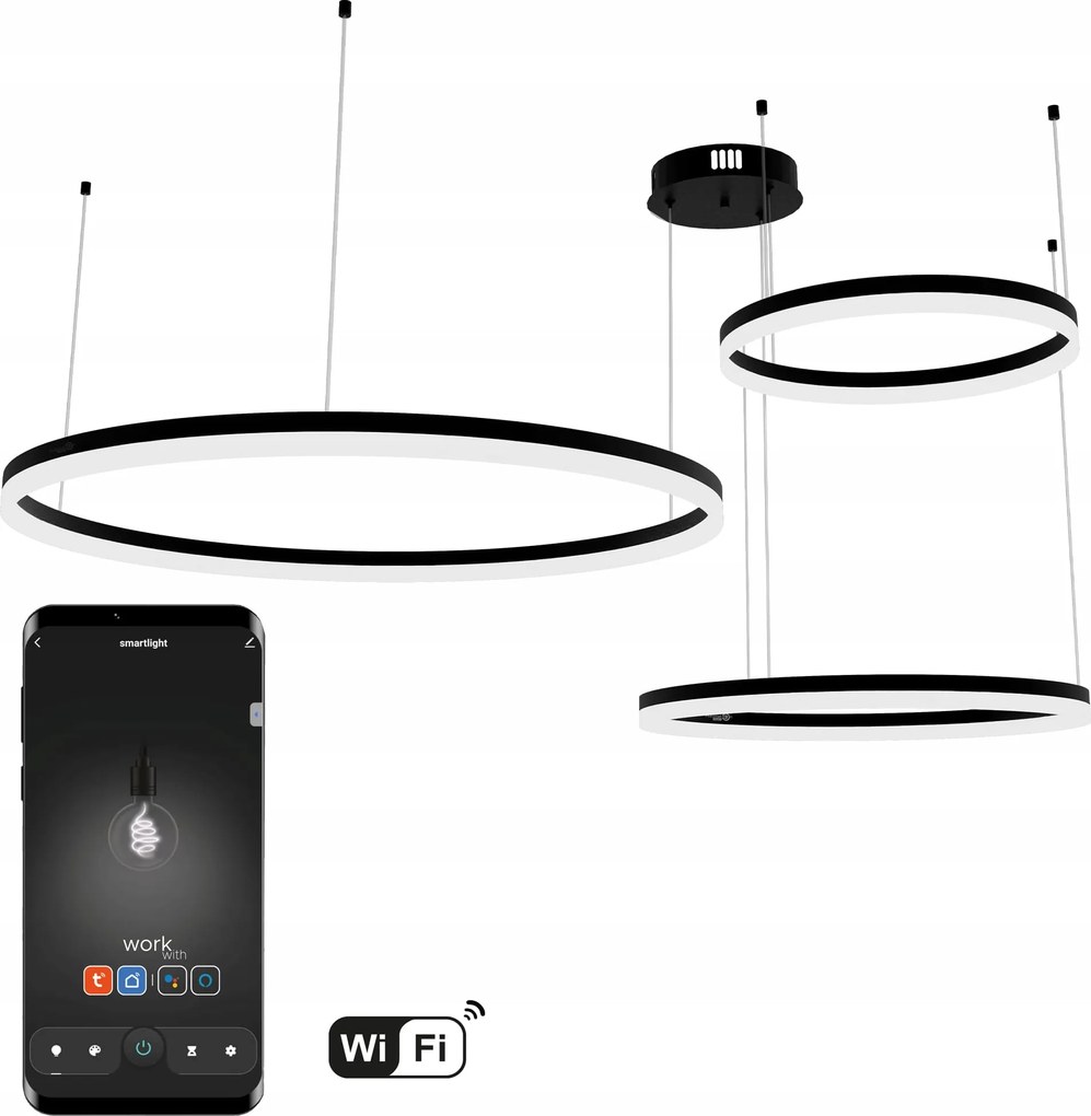 Kruhová WiFi lampa Tuya 80+60+40 cm Led Černá závěsná Ring Circle