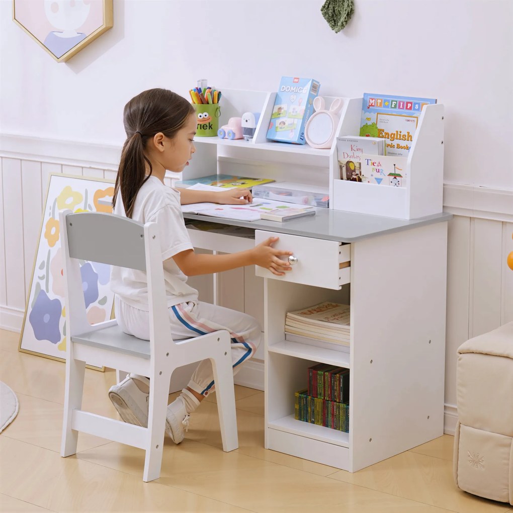 ZONEKIZ dětský psací stůl s ergonomickou židlí s vysouvací přihrádkou na klávesnici, nikami a otevřenými policemi, 90 x 45 x 90 cm šedý