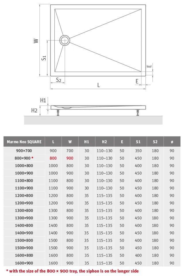 Roth MARMO NEO SQUARE-R 160 x 90 cm sprchová vanička MAN SQ 160090 2E Koupelny Bernold