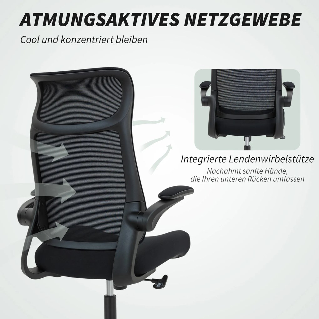 HOMCOM Ergonomická kancelářská židle se 3D opěrkami rukou, síťovaným opěradlem, S-formovaným opěradlem, opěrkou hlavy, funkcí naklápění, černá