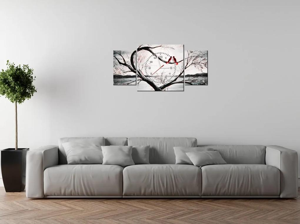 Gario Obraz s hodinami Ptačí láska - 3 dílný Rozměry: 80 x 40 cm