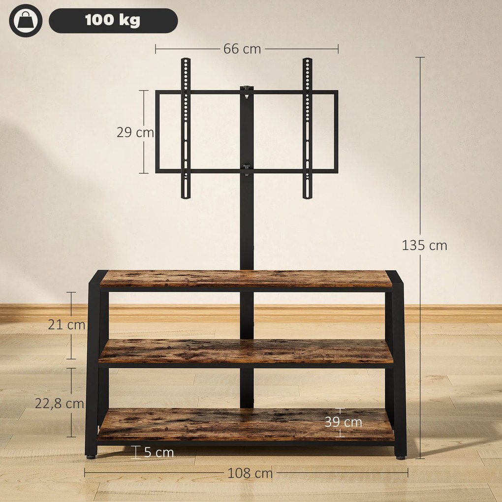 HOMCOM TV nábytek s držákem pro televizory od 81,3–177,8 cm, otevřené police, nastavitelný úhel 35°, 108x41x135 cm, hnědý