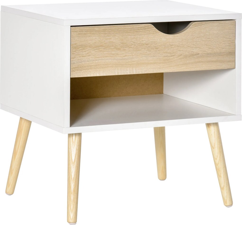 HOMCOM Noční stolek s šuplíkem, moderní design, nohy z masivu, 50 x 39 x 51 cm, bílý a přírodní dřevo | Aosom