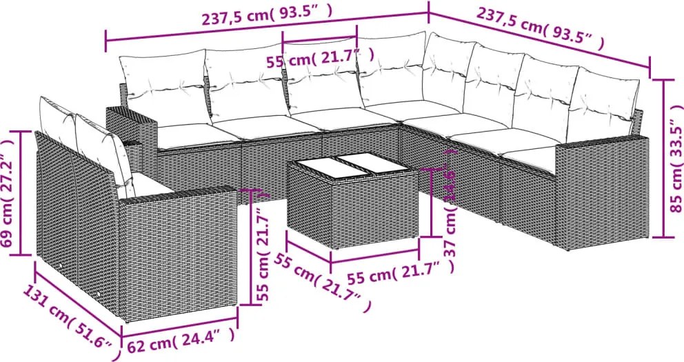 vidaXL 10dílná zahradní sedací souprava s poduškami polyratan [3219146] Barva: Šedá