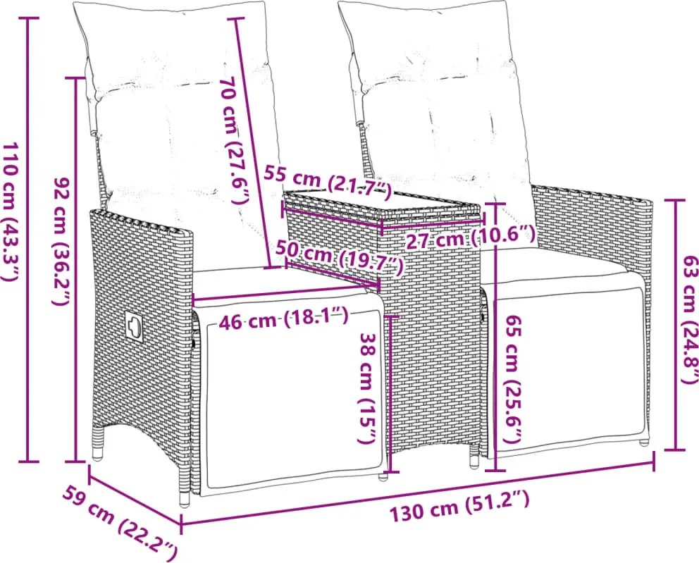 vidaXL Polohovací zahradní pohovka 2místná se stolkem polyratan [365718] Barva: Hnědá