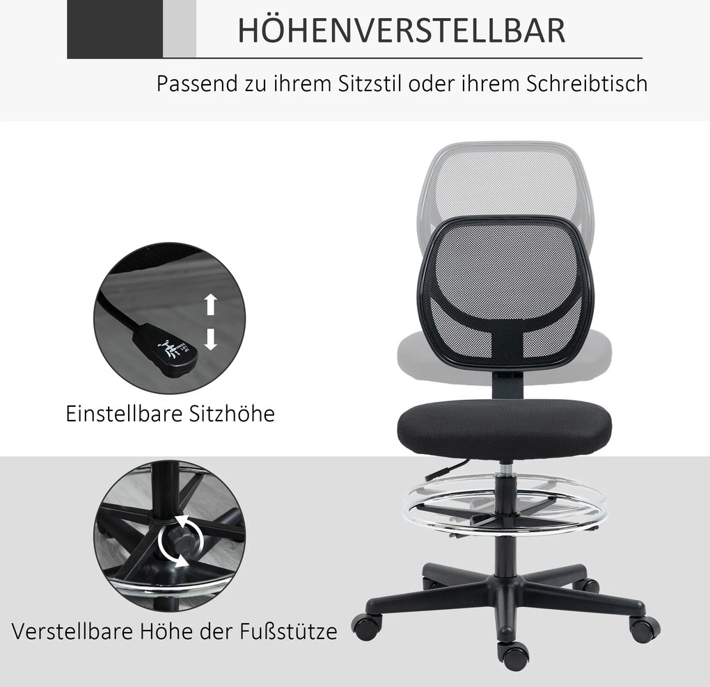 Kancelářská stojací židle Vinsetto, výškově nastavitelná ergonomická kancelářská židle, otočná židle s nastavitelnou opěrkou nohou, černá pro pohodln…