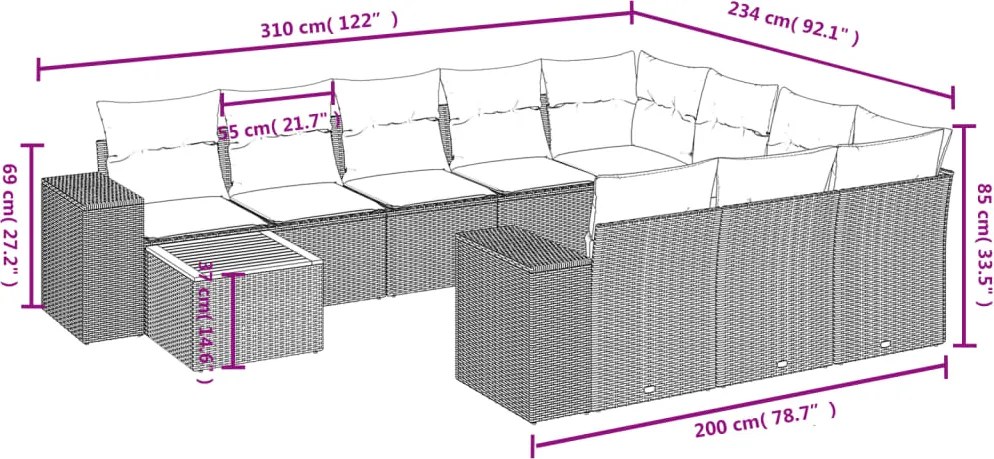 11dílná zahradní sedací souprava s poduškami šedá polyratan 3257964