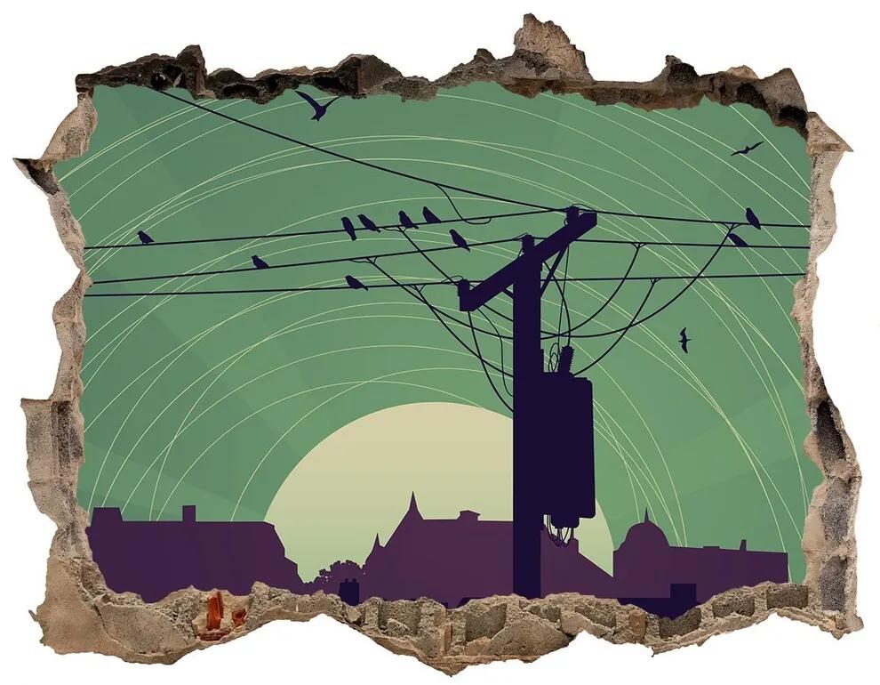 Wallmuralia Díra 3D fototapeta nálepka Ptáci město 95x64 cm