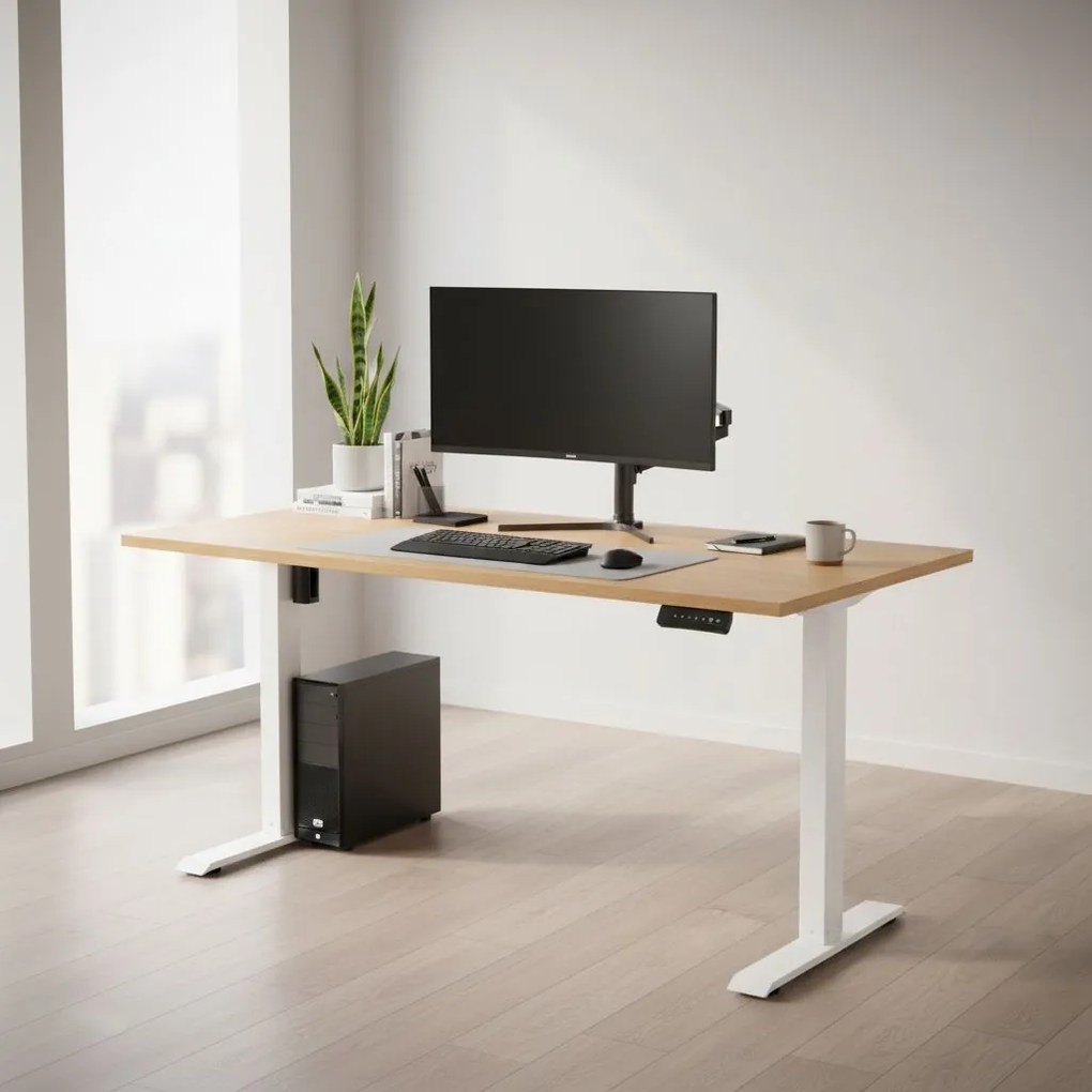 Výškově nastavitelný stůl OfficeTech B, 140 x 80 cm, bílá podnož, dub kamenný