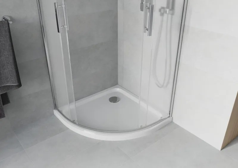 Mexen Rio, čtvrtkruhový sprchový kout s posuvnými dveřmi 90 x 90 cm, 5mm sklo námraza, chromový profil + bílá sprchová vanička, 863-090-090-01-30-4110