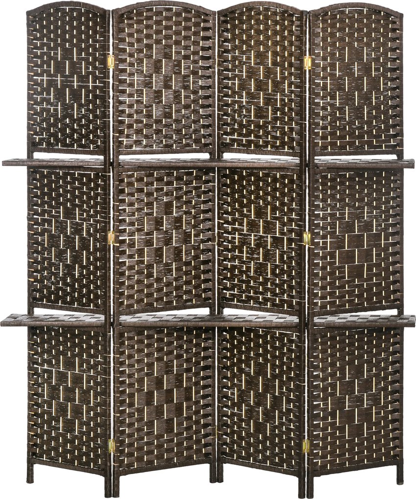 HOMCOM Paravan 4 Panely 160 x 170 cm s 2 Policemi, Skládací, Borovicové Dřevo pro Kancelář, Obývací Pokoj, Ložnici, Hnědý