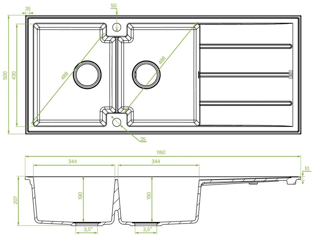 Laveo Canaria, 2-komorový granitový dřez 1160x500x207 mm, šedá, LAV-SPC_521T