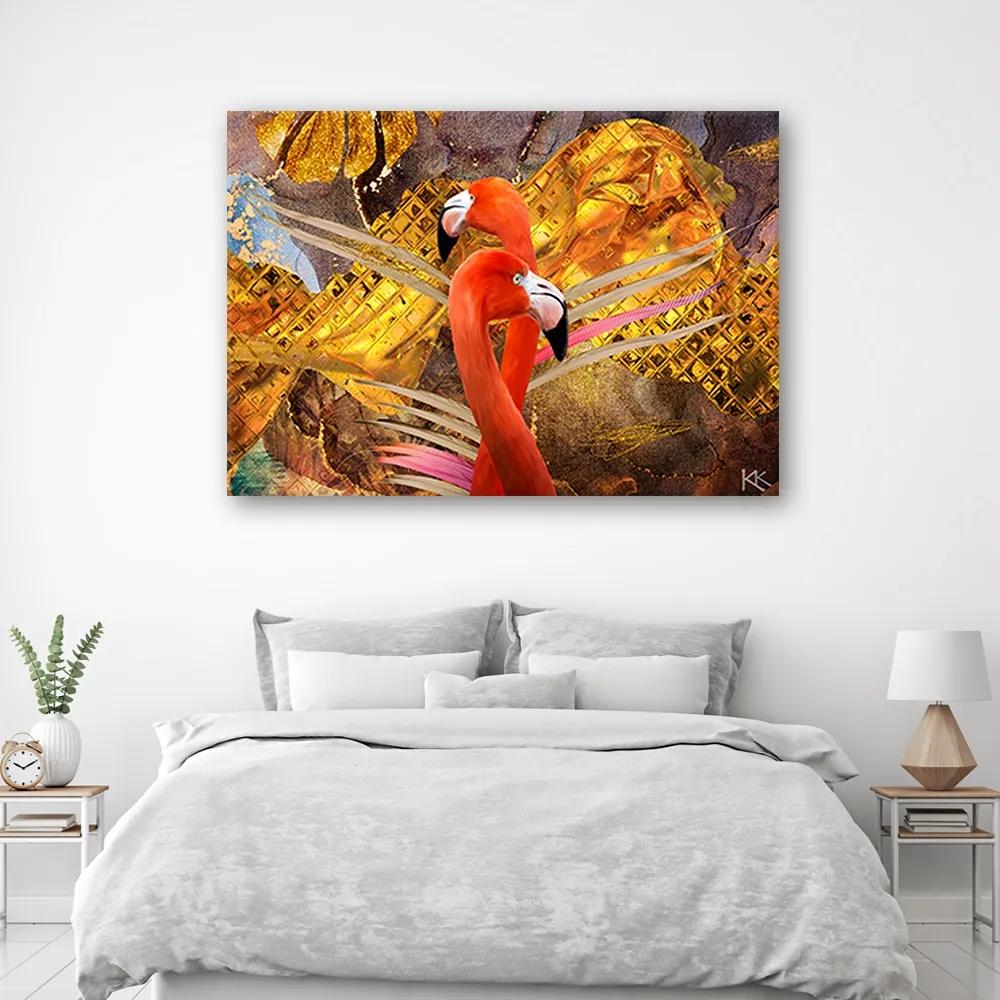 Obraz na plátně, Flamings na pozadí zlata - 120x80 cm