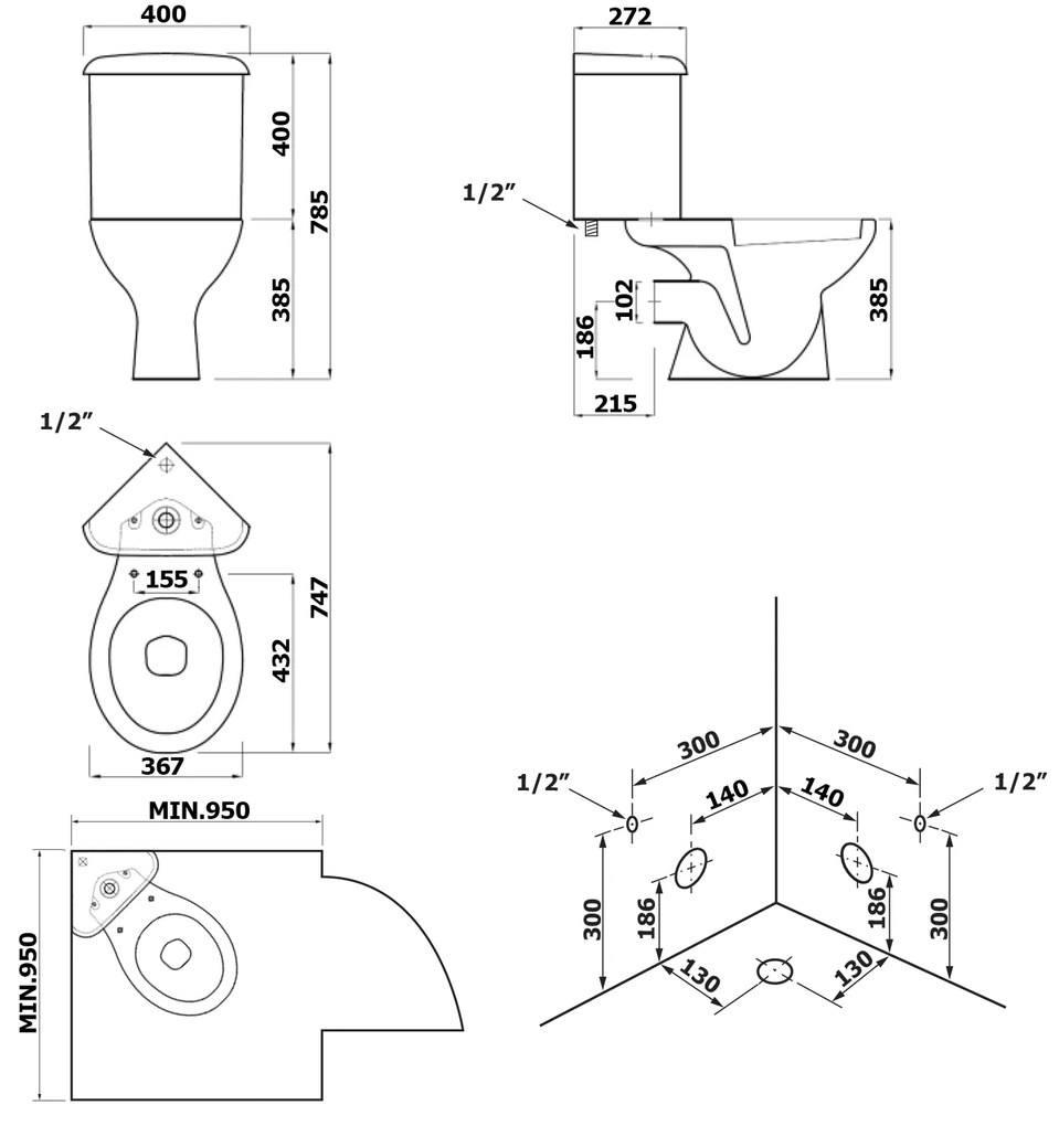 Aqualine CLIFTON rohové WC kombi, dvojtlačítko 3/6l, zadní/spodní odpad, bílá - FS1PK