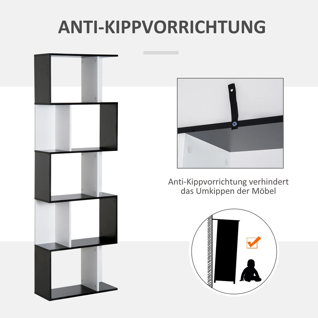 HOMCOM 5-patrová knihovna ve tvaru S, moderní design pro obývací pokoj a kancelář 60x24x184,5 cm Černá a bílá