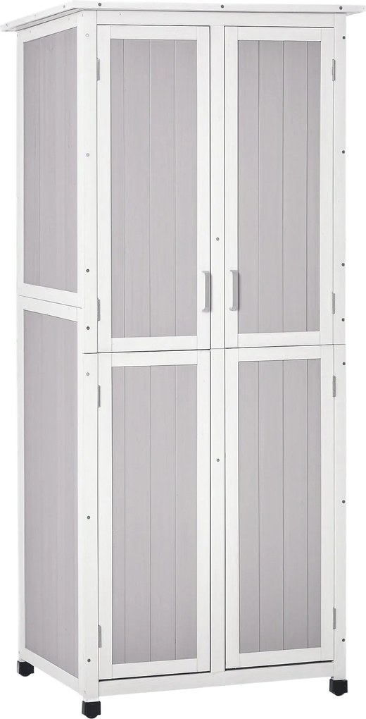 Outsunny Dřevěný zahradní nářaďový domek s bitumenovou střechou a háčky, 77x58x175 cm, šedý | Aosom