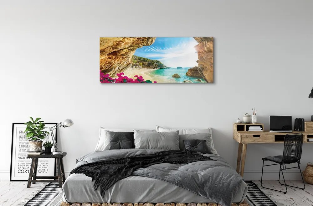 akrylový obraz Řecko pobřeží útesy květiny 120x60 cm