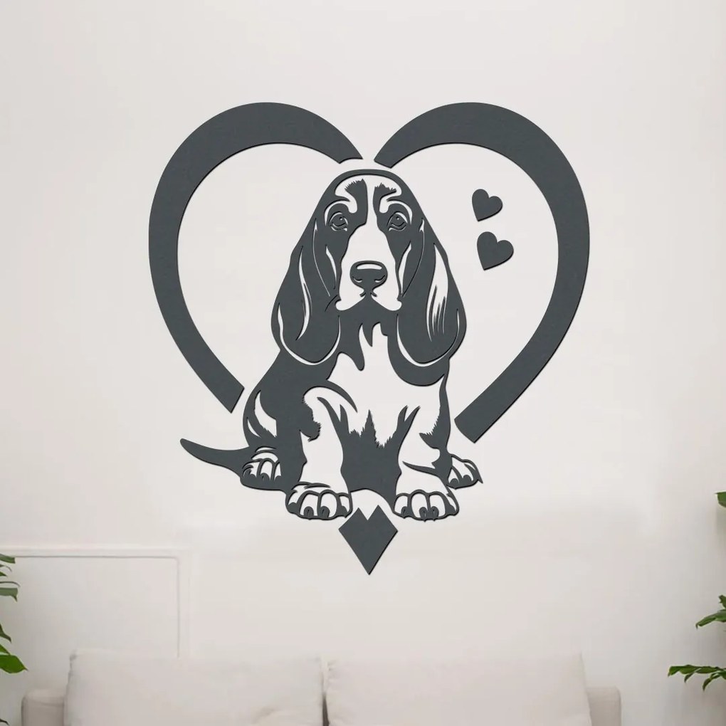 dřevo života Dřevěná samolepka Basset Hound v srdci Zvolte rozměr (cm): 37x40, Zvolte barvu dekoru: Třešeň