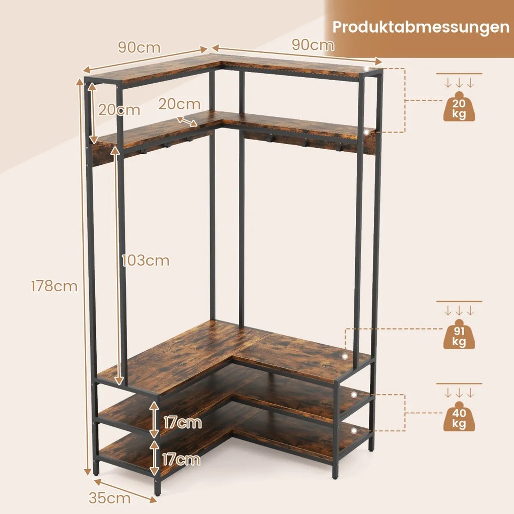 Costway Rohový věšák na kabáty s lavicí Věšák na oblečení ve tvaru L