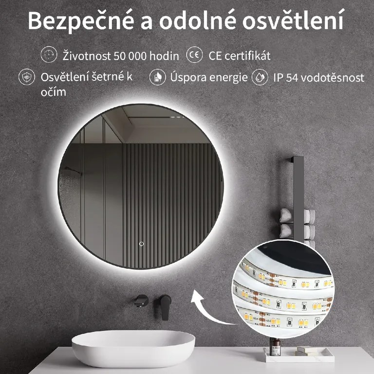 CERANO - Koupelnové LED zrcadlo Velo, kovový rám - černá matná - Ø 60 cm