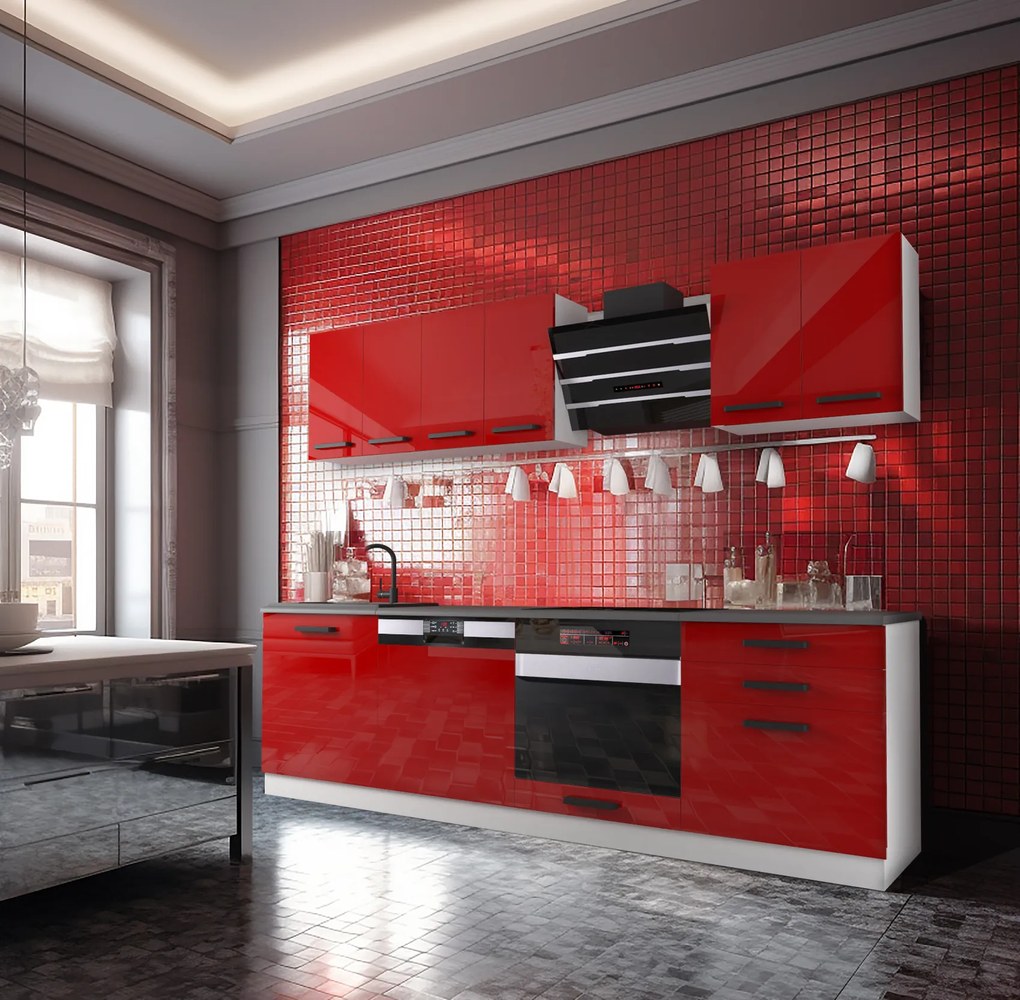 Kuchyňská linka Belini Premium Full Version 240 cm červený lesk s pracovní deskou SUSAN