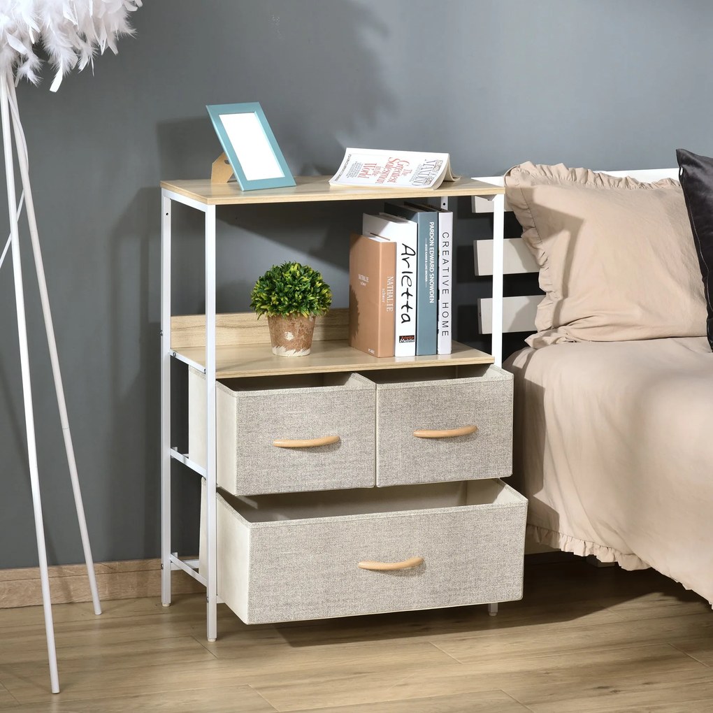 HOMCOM Úložná Skříň s 3 Textilními Zásuvkami, Policí a Horní Deskou, Malá Boční Skříň - 58D x 29Š x 81,5V cm - Přírodní a Bílý Kov
