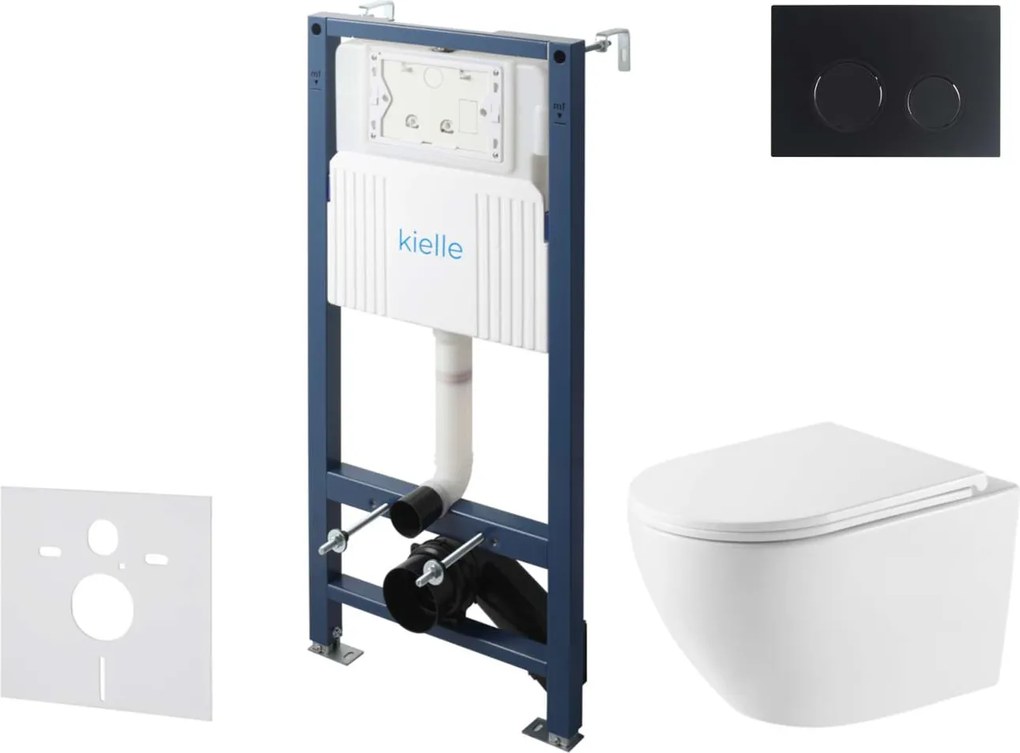kielle Genesis New - Set předstěnové instalace, klozetu Oudee, Vortex Rimless+, sedátka softclose a tlačítka Gemini New II, matná černá 30528SS60