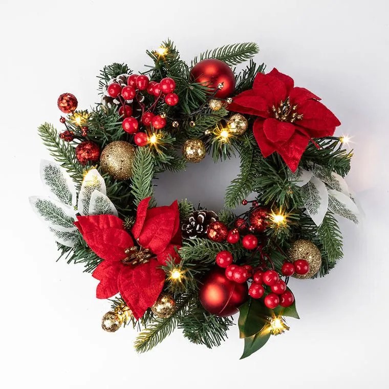 Vánoční věnec POINSETTIA s LED osvětlením, 30 cm