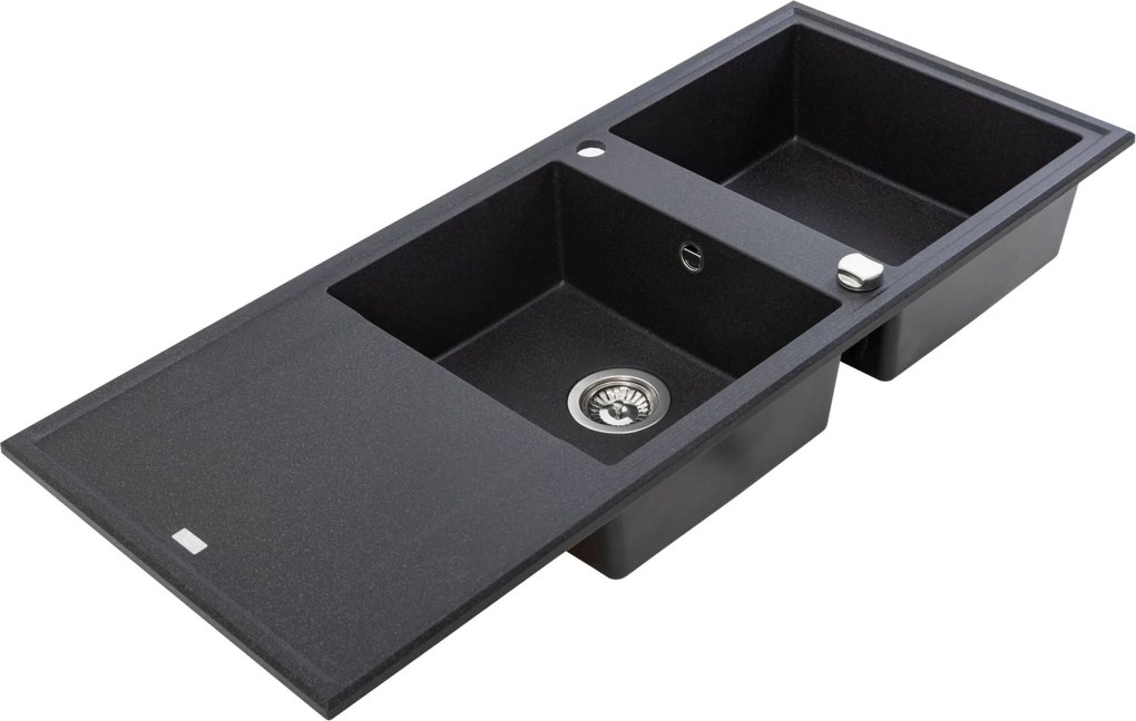 Laveo Megalo, 2-komorový granitový dřez 1160x500x185 mm s dlouhým odkapávačem, černá, LAV-SBE_721T