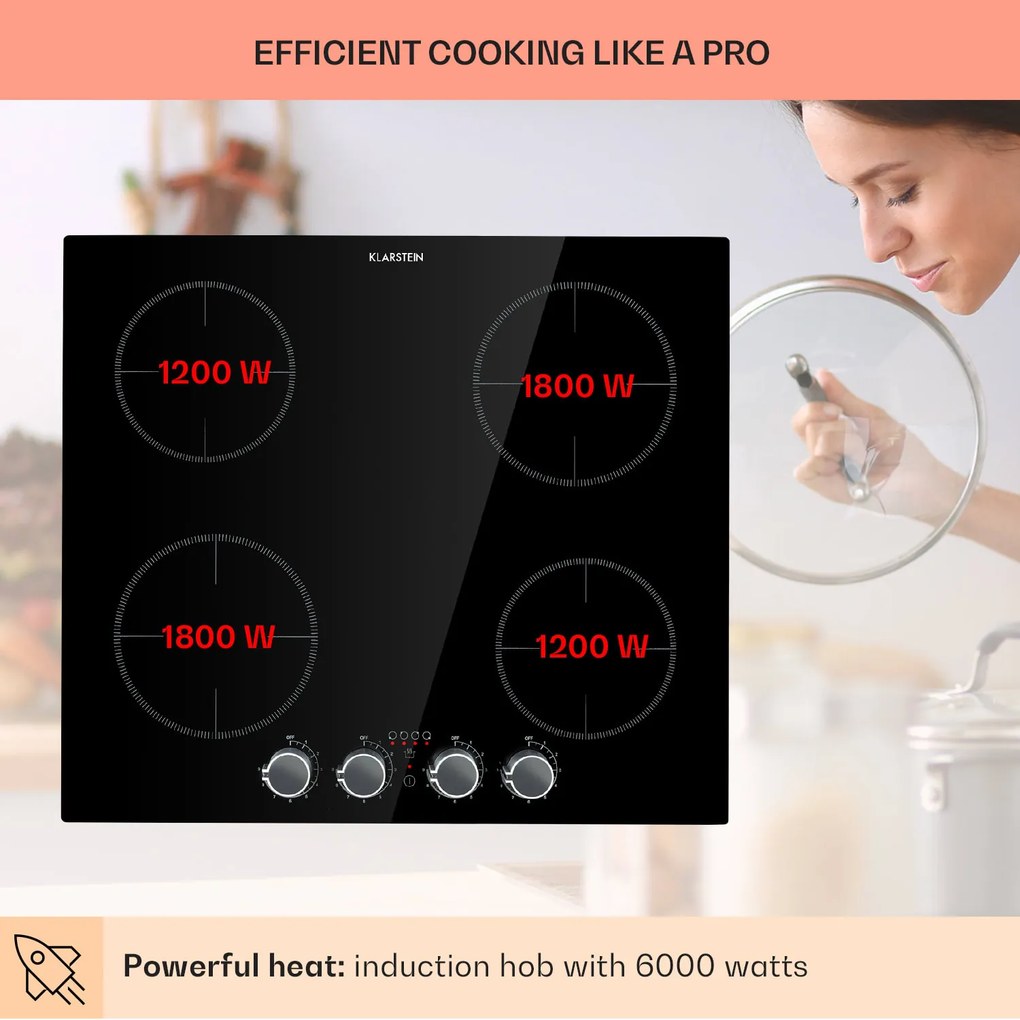 Klarstein Kochheld, indukční varná deska, 6000 W, 4 zóny, otočné regulátory, černá