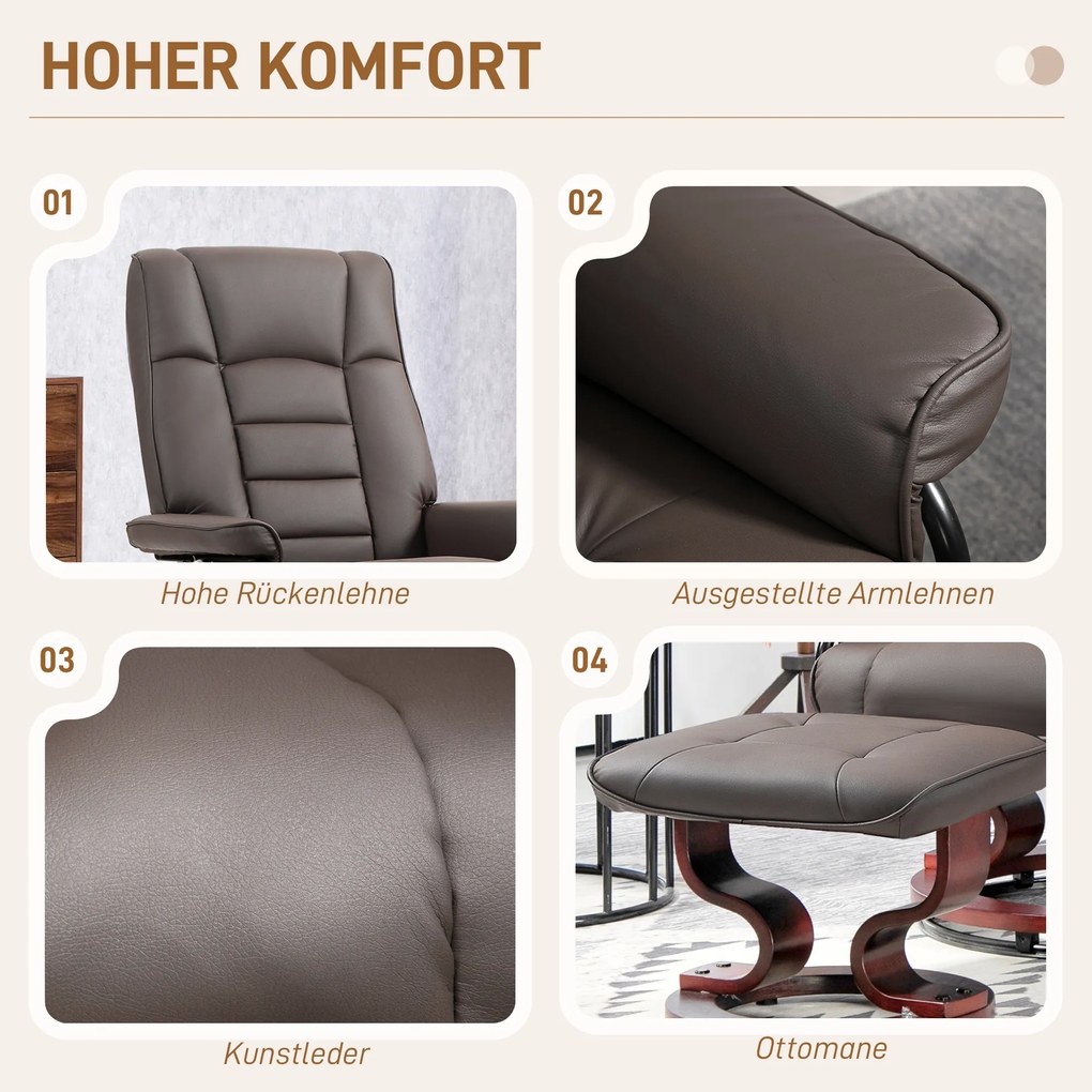 Křeslo HOMCOM s podnožkou, otáčecí TV křeslo s funkcí recliner, dřevěný rám, nosnost do 150 kg, pro obývací pokoj, umělá kůže, hnědá
