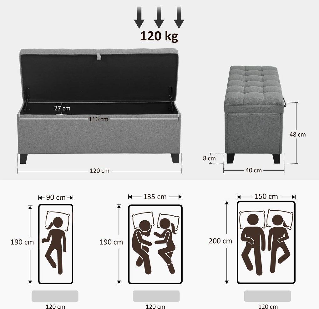 HOMCOM Lavice s úložným prostorem, polstrovaná lavice 120x40x48 cm s bezpečnostními panty, lněný vzhled, tmavě šedá