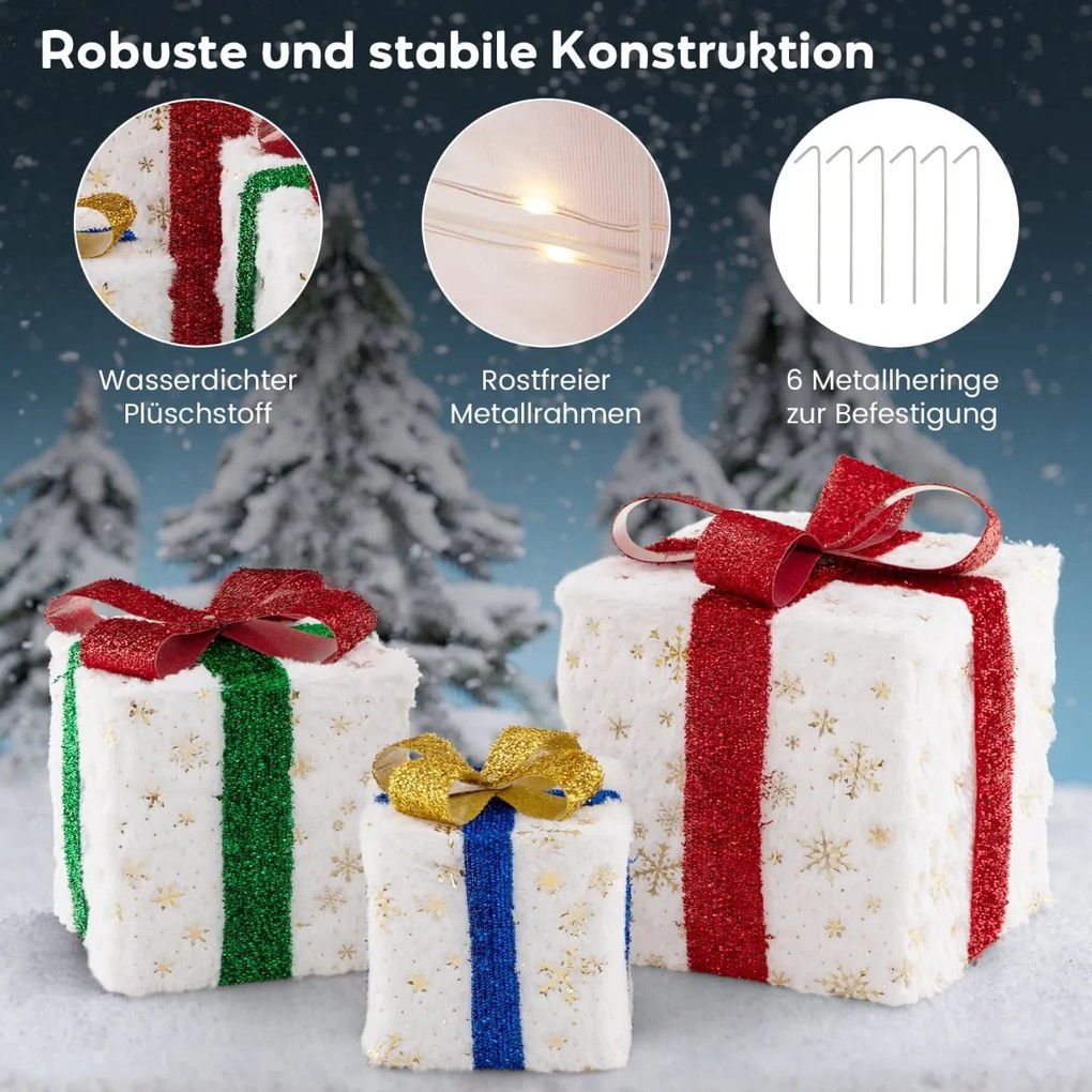 Costway Sada 3 LED dárkových krabiček s mašlí a 48 Teplé bílé LED diody