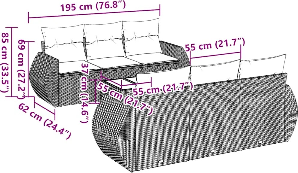 7dílná zahradní sedací souprava s poduškami černá polyratan 3253443