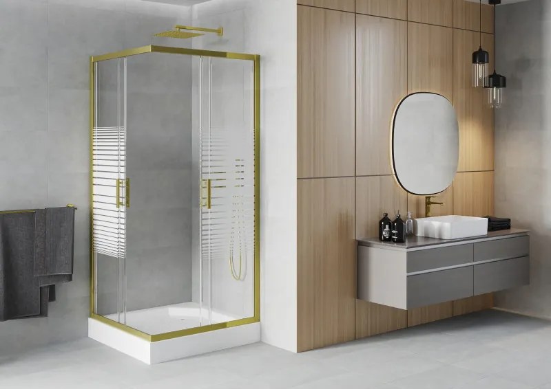 Mexen Rio, čtvercový sprchový kout s posuvnými dveřmi 90 (dveře) x 90 (dveře) x 190 cm, 5mm čiré sklo s pásky, zlatý profil + bílá sprchová vanička RIO, 860-090-090-50-20-4510