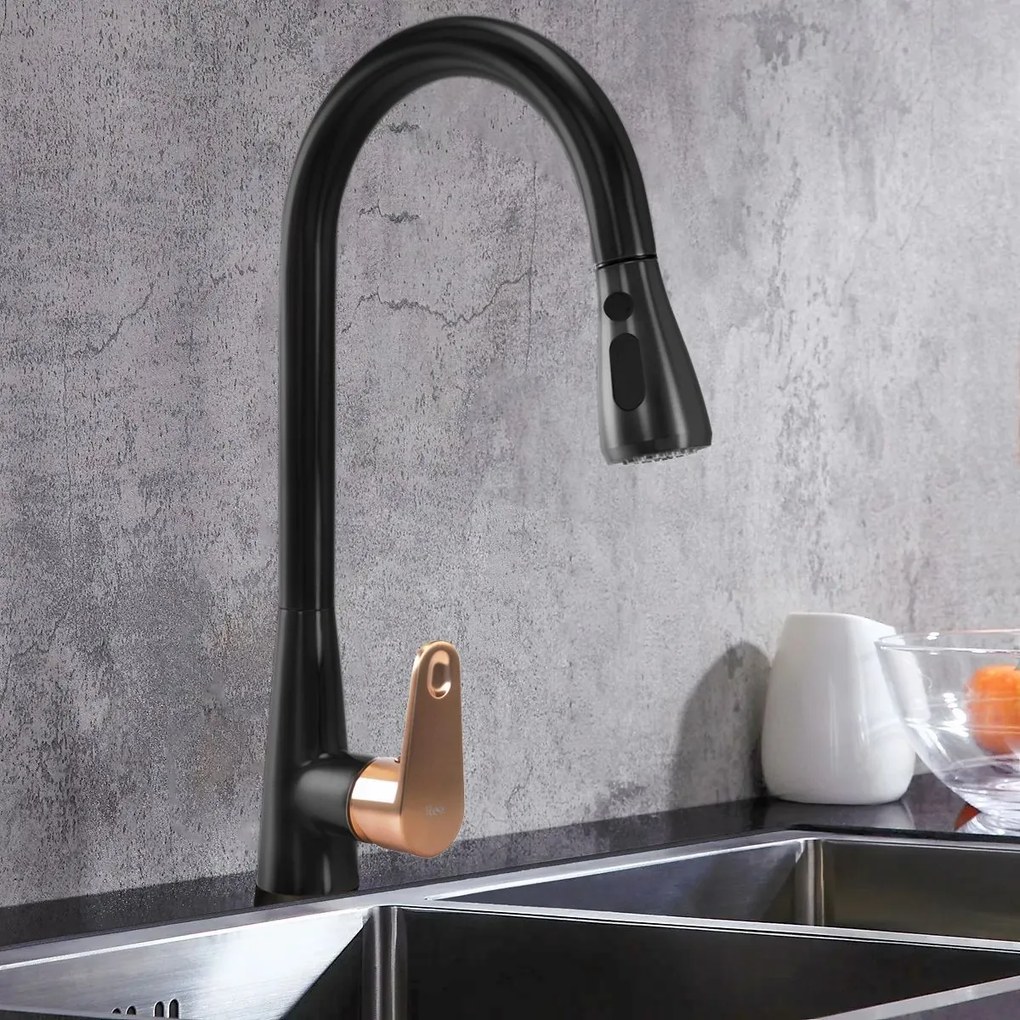 Rea Mild, stojánková kuchyňská baterie, černá matná-růžové zlato, REA-B4801