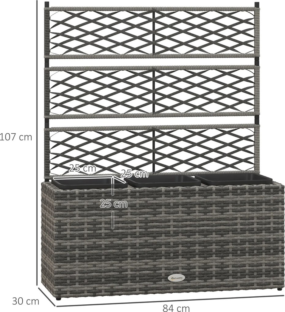 Outsunny Květináč s Trellis pro Popínavé Rostliny, Zvedený Květinový Záhon s 3 Vnitřními Květináči, Ocelová a PE Ratanová Konstrukce, 84x30x107cm, Še…