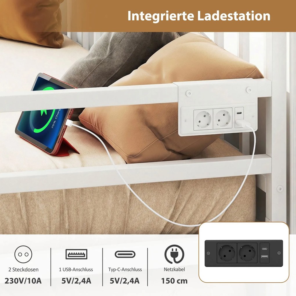 Costway Jednorozměrná válenda s LED světly a nabíjecí stanicí Rám rozkládací