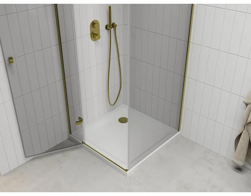 Mexen Roma sprchový kout 90 x 90 cm, 6mm čiré sklo, zlatý profil + sprchová vanička Slim, 854-090-090-50-00-4010