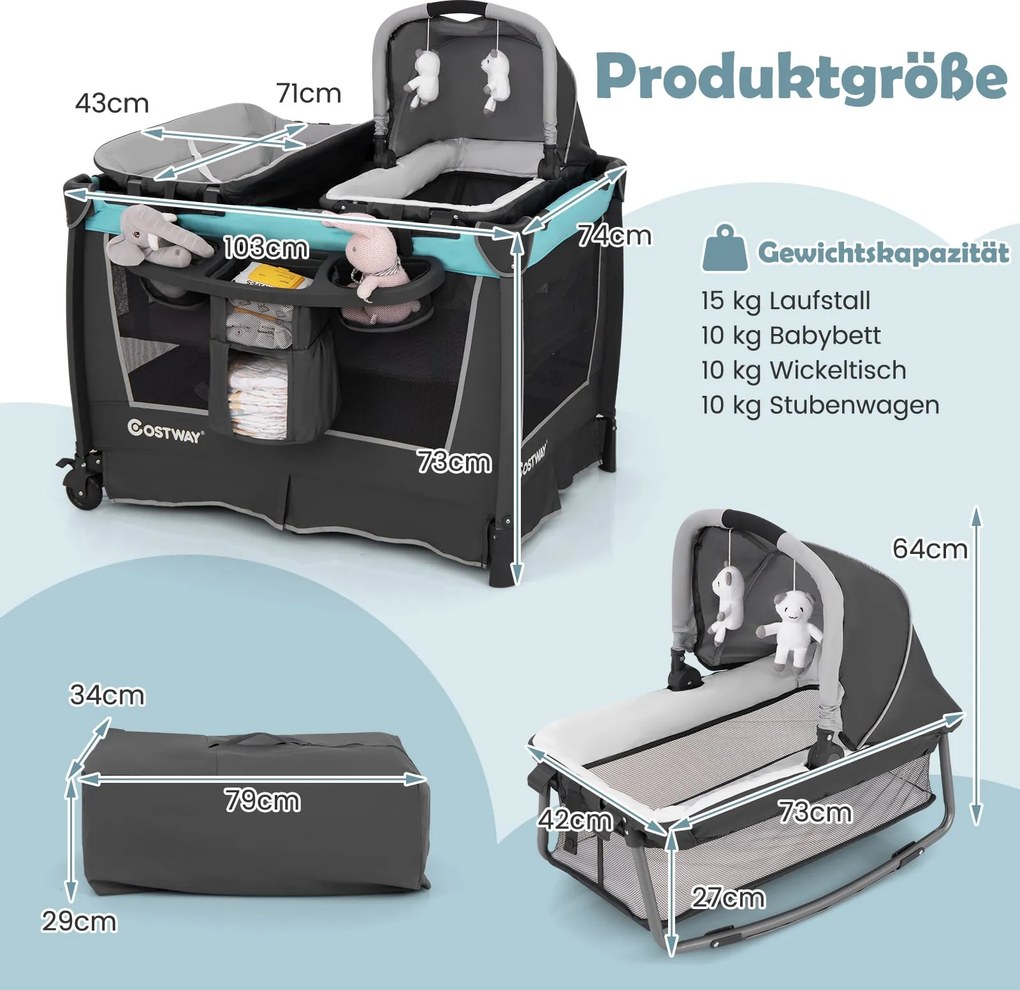 Costway 5 in 1 Skládací dětská postýlka s odnímatelnou korbičkou