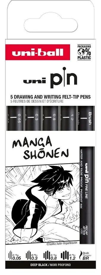 UNI - PIN Drawing - Manga Shonen, sada linerů (0,05 mm/ 0,3 mm/ 0,8 mm/ BR), černá - 5 ks