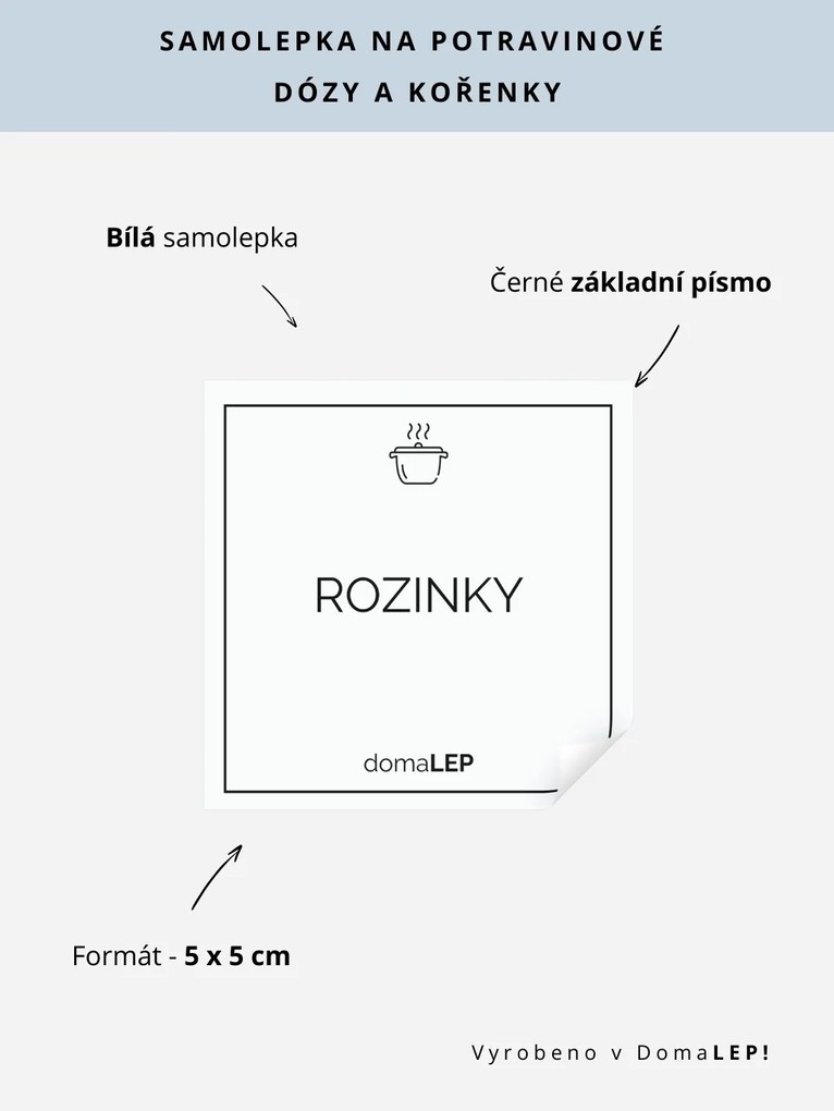 ROZINKY – bílá samolepka na dózu, základní písmo, 5 x 5 cm | DomaLEP