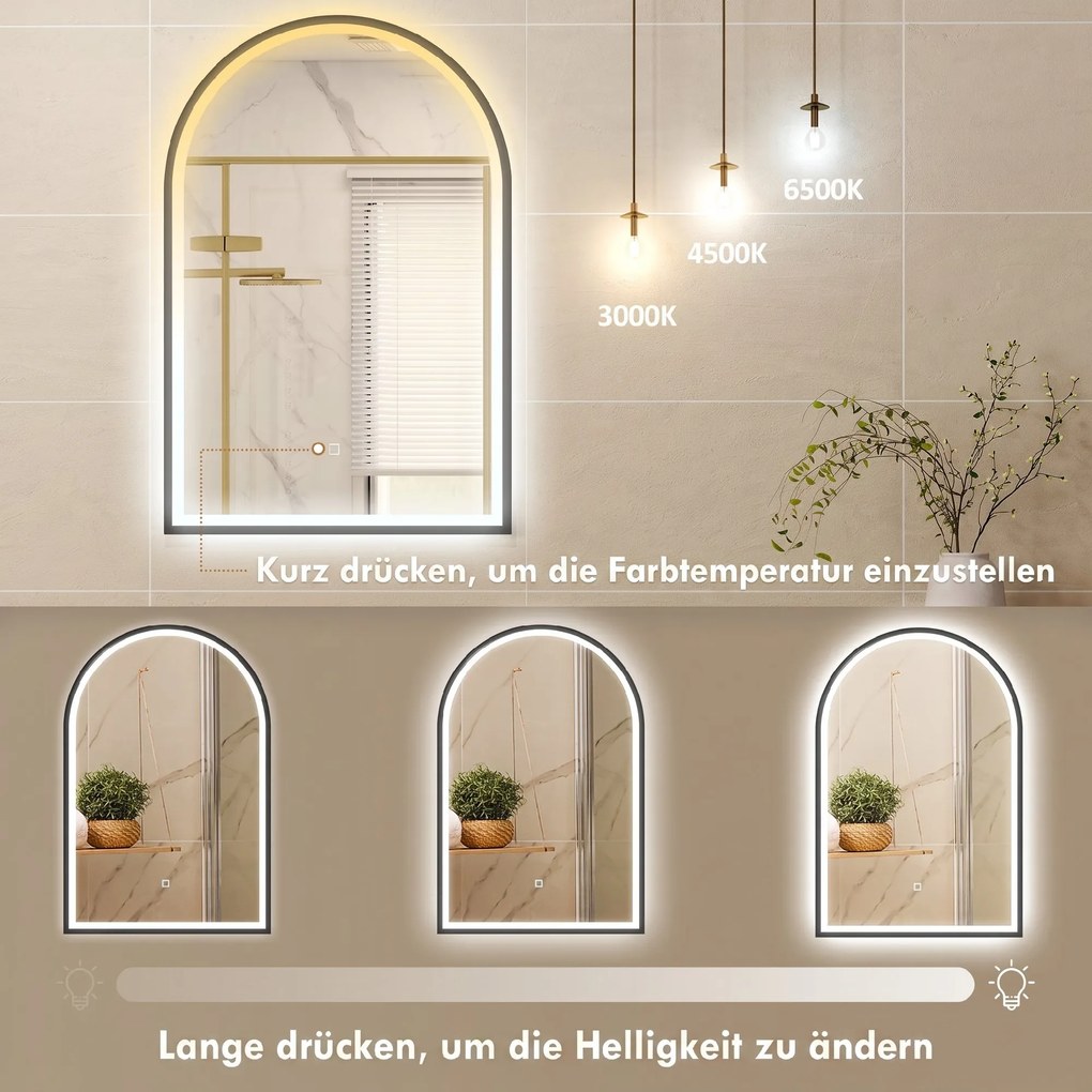 HOMCOM LED koupelnové zrcadlo 60 x 90 cm s osvětlením, přední a zadní osvětlení, paměťová funkce, dotykový spínač, černé