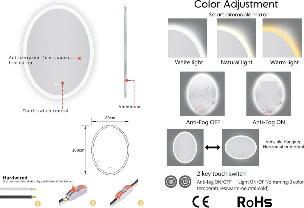 Erga Paola, oválné LED zrcadlo 80x100cm, 2645 lm, 3 barvy světla, přední a zadní osvětlení, ERG-V01-302-1080-00
